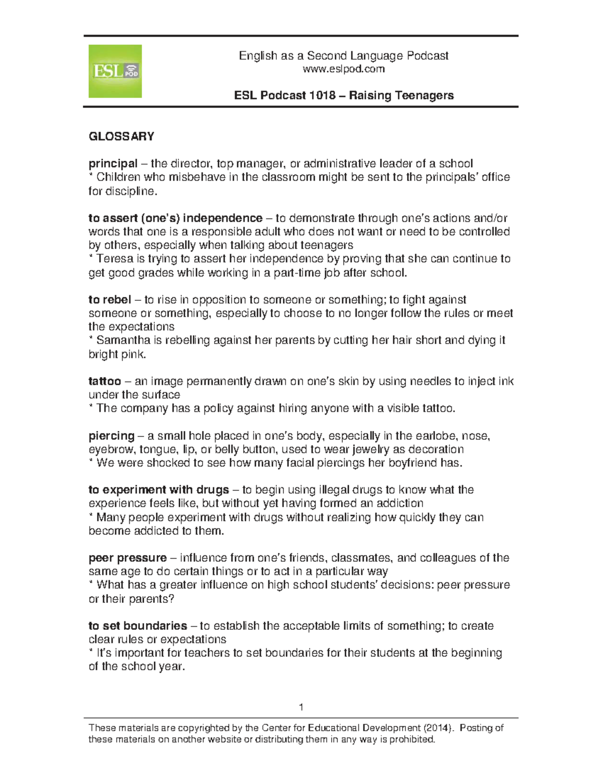 ESL Podcast 1018: Raising Teenagers - Key Vocabulary & Insights - Studocu
