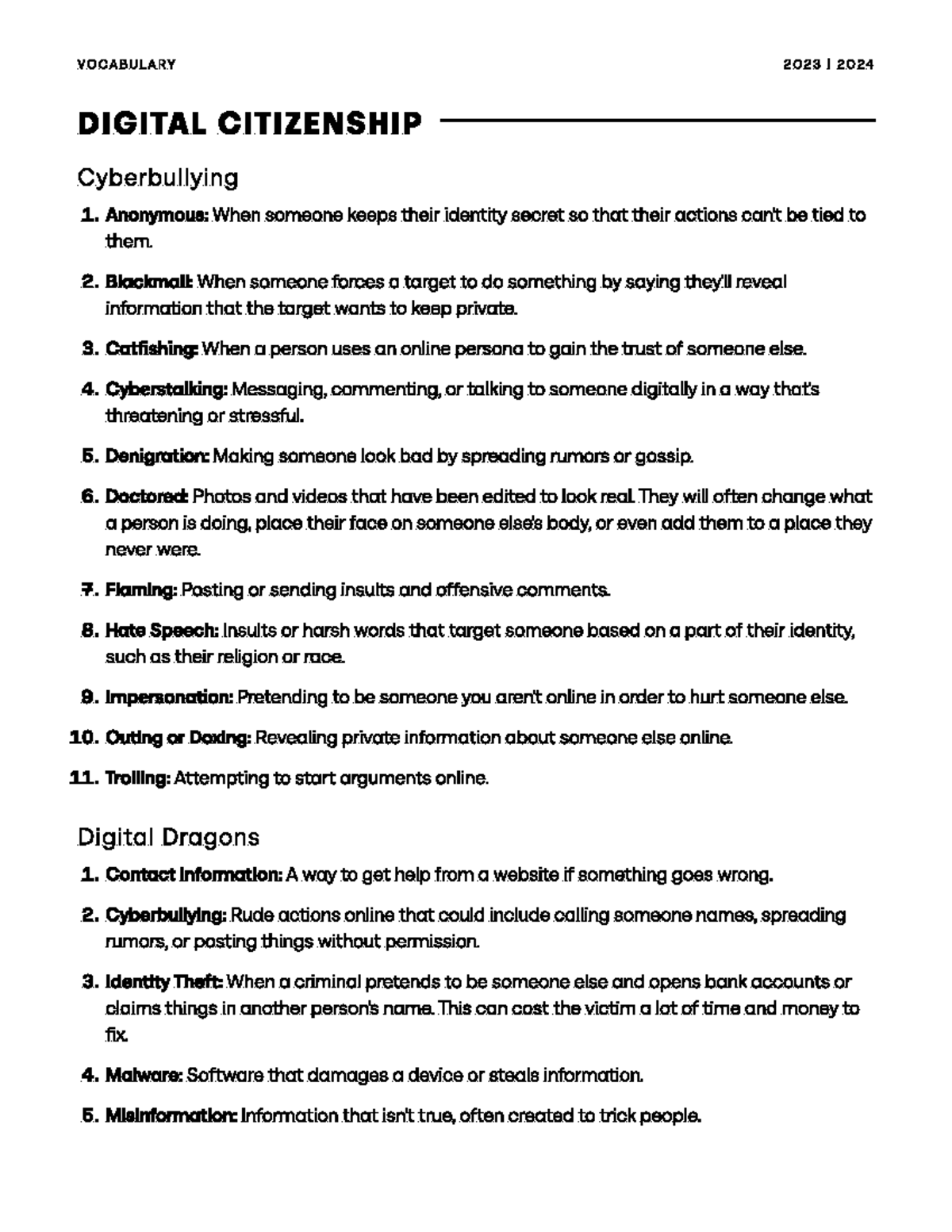 Digital Citizenship Vocabulary 2023 | Internet Safety & Wellness - V o ...