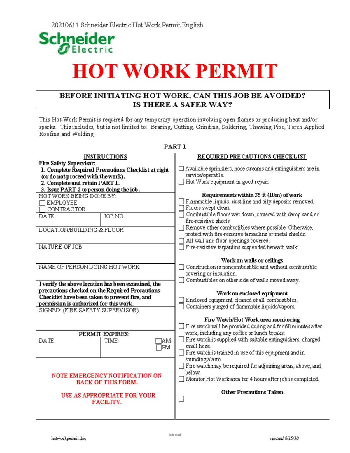 Schneider Electric HOT WORK PERMIT 20210611: Safety Guidelines ...