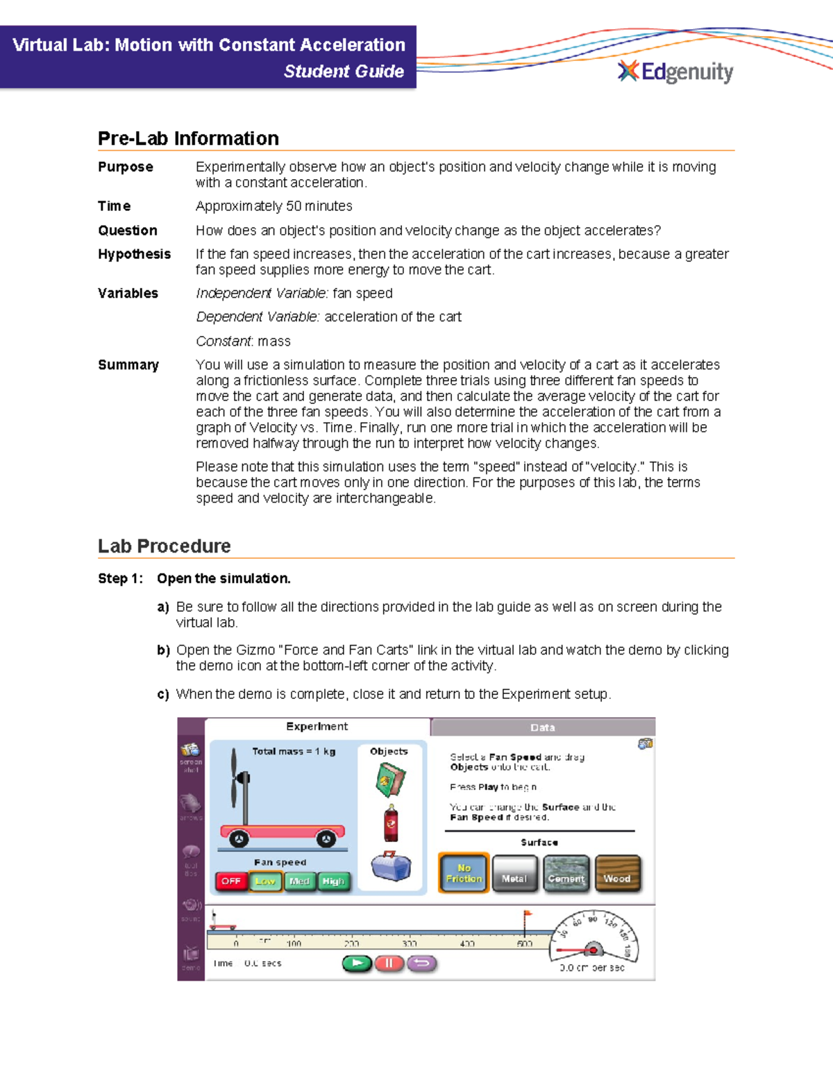 Virtual Lab Guide: Motion with Constant Acceleration (Student Guide ...