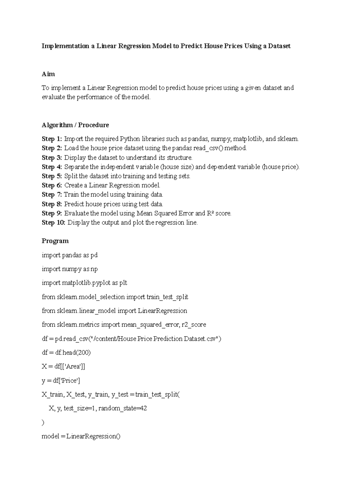 Implementation of Linear Regression Model for House Price Prediction ...
