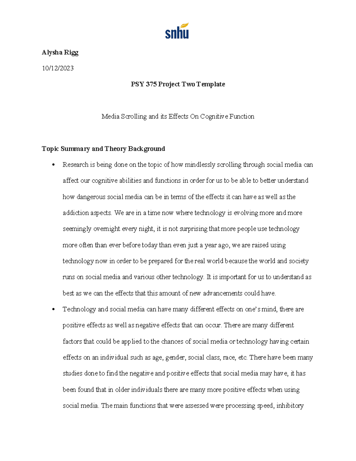 PSY 375 Project Two - Alysha Rigg 10/12/ PSY 375 Project Two Template ...