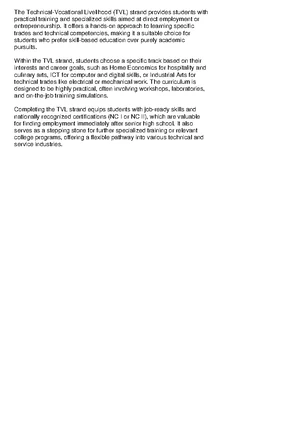 TVL Strand Overview: Vocational Training & Career Pathways - Studocu
