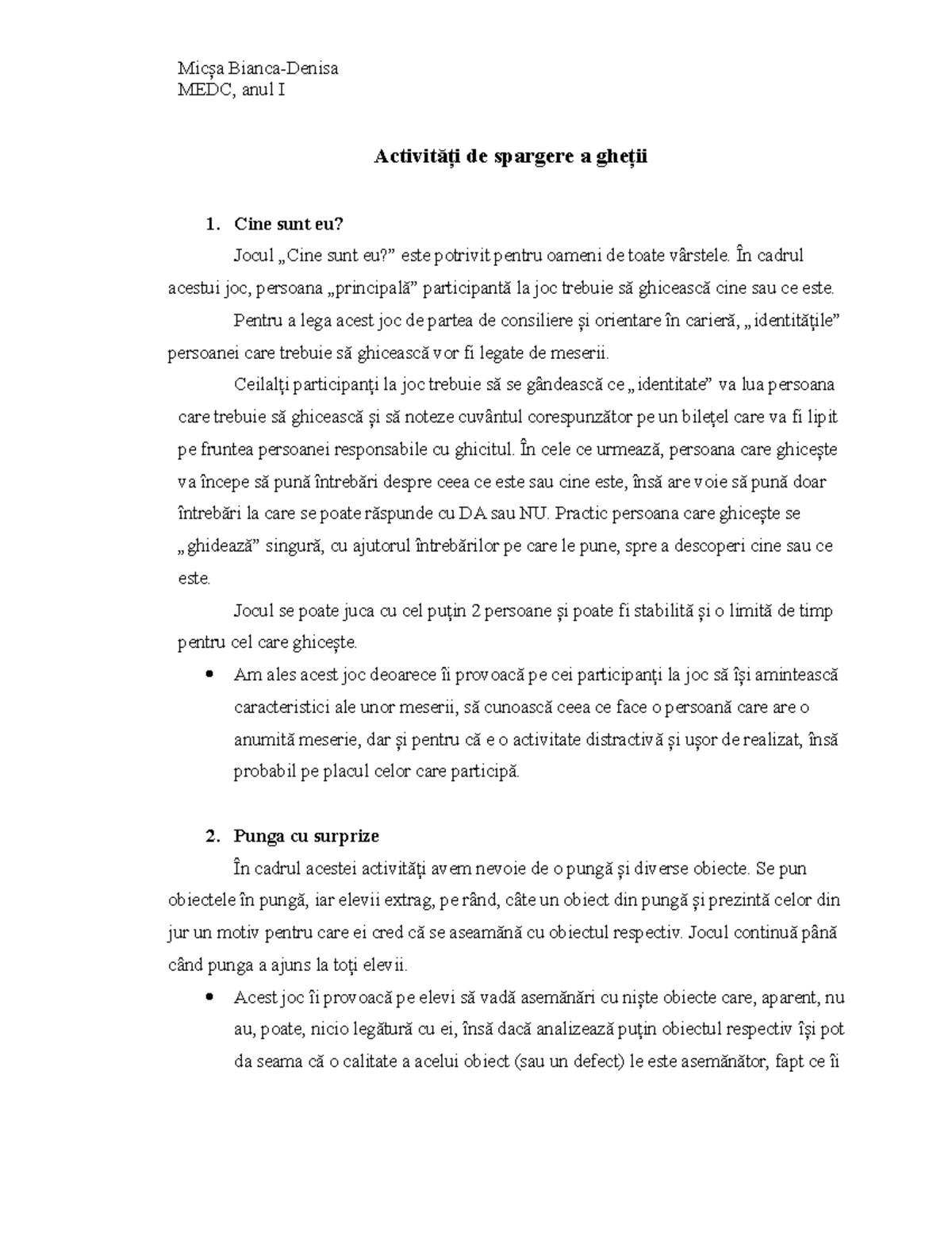 Activități de Spargere a Gheții pentru Consiliere și Orientare MEDC I ...