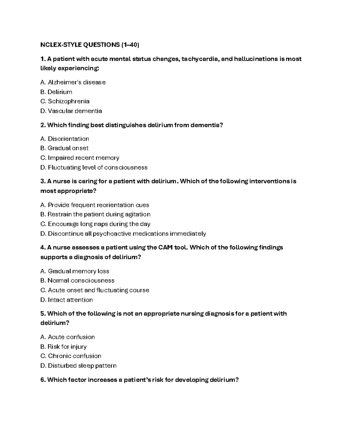 Module 17 - Delirium and dementia nursing interventions notes - Studocu