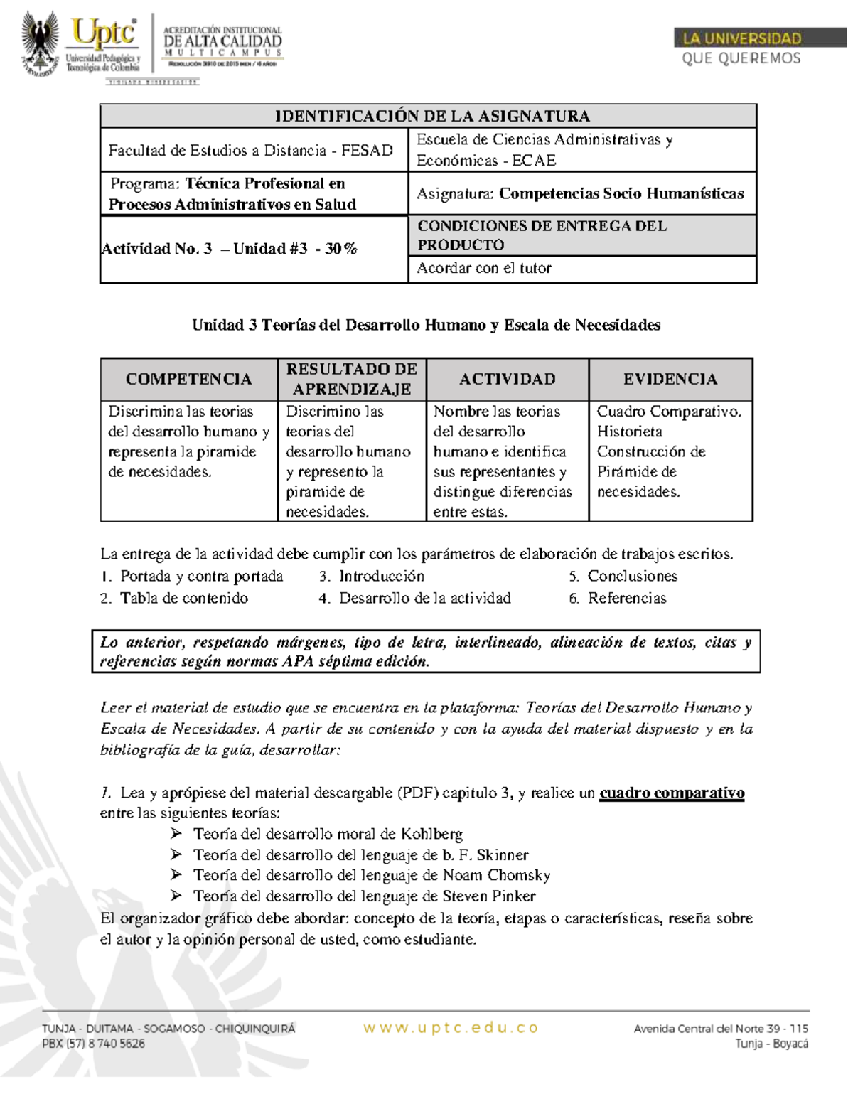 Actividad No.3 - IDENTIFICACIÓN DE LA ASIGNATURA Facultad de Estudios a Distancia - FESAD ...
