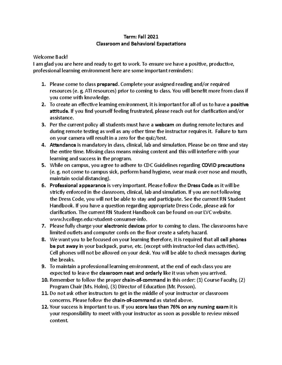 Fall 2021 PN IV Classroom & Behavioral Expectations Guide - Studocu