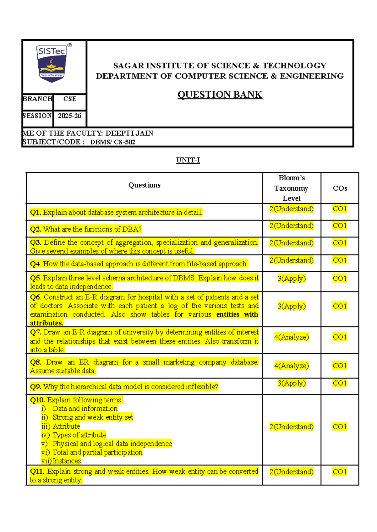 DBMS Question Bank CSE Session ME - Faculty: Deepti Jain - Studocu