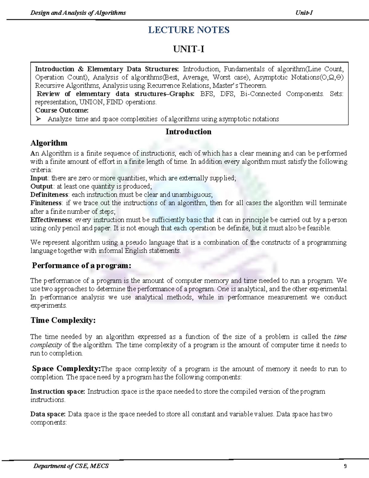 Design and Analysis of Algorithms LECTURE NOTES: Fundamentals and ...