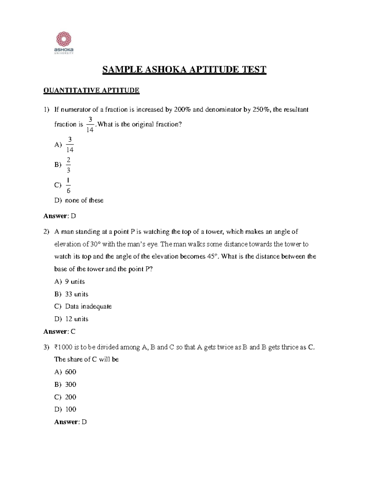 Sample Ashoka Aptitude TEST - SAMPLE ASHOKA APTITUDE TEST QUANTITATIVE ...