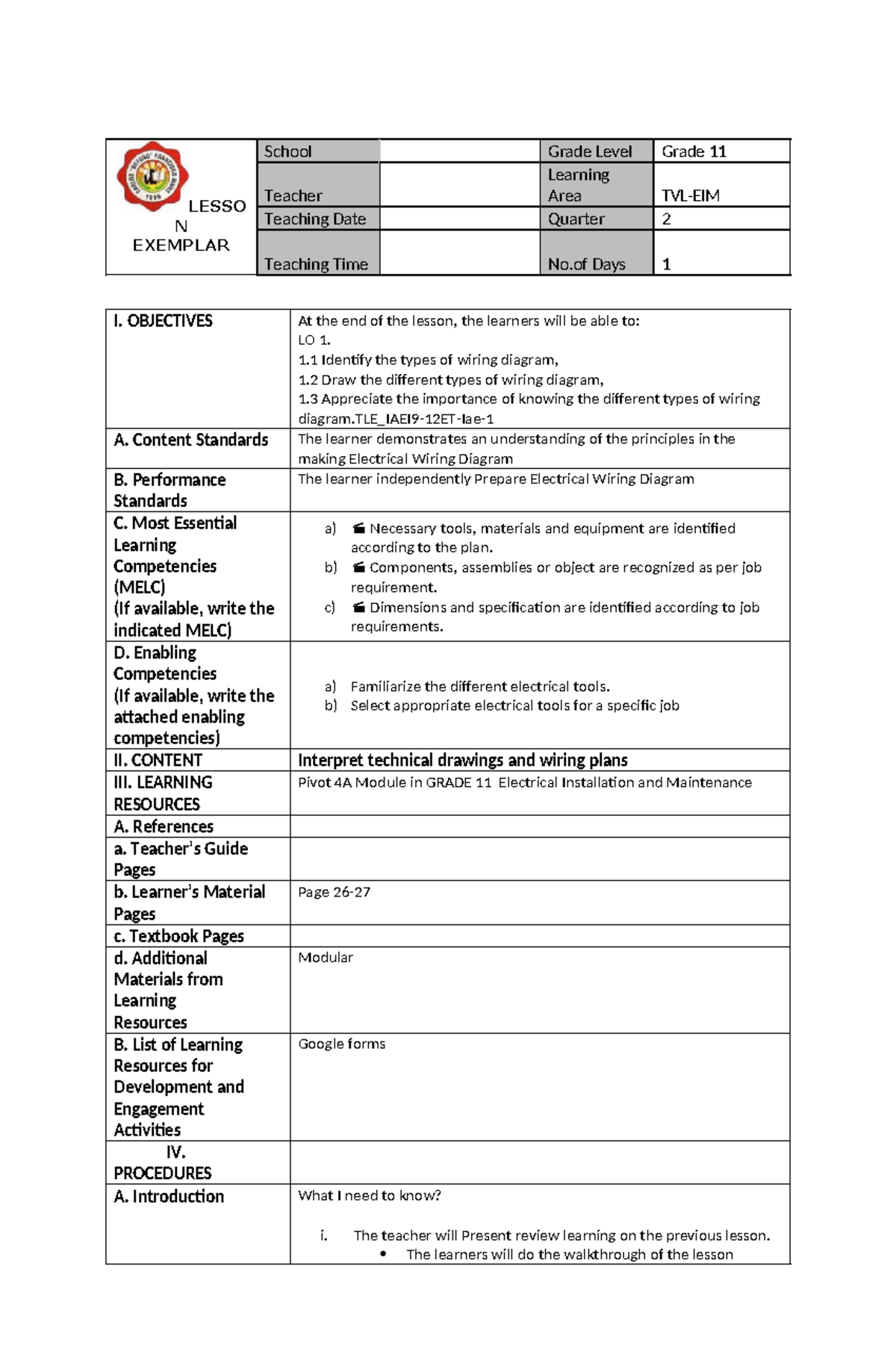 SHS TLE Electrical - Lesson on Wiring Diagrams and Standards - Studocu
