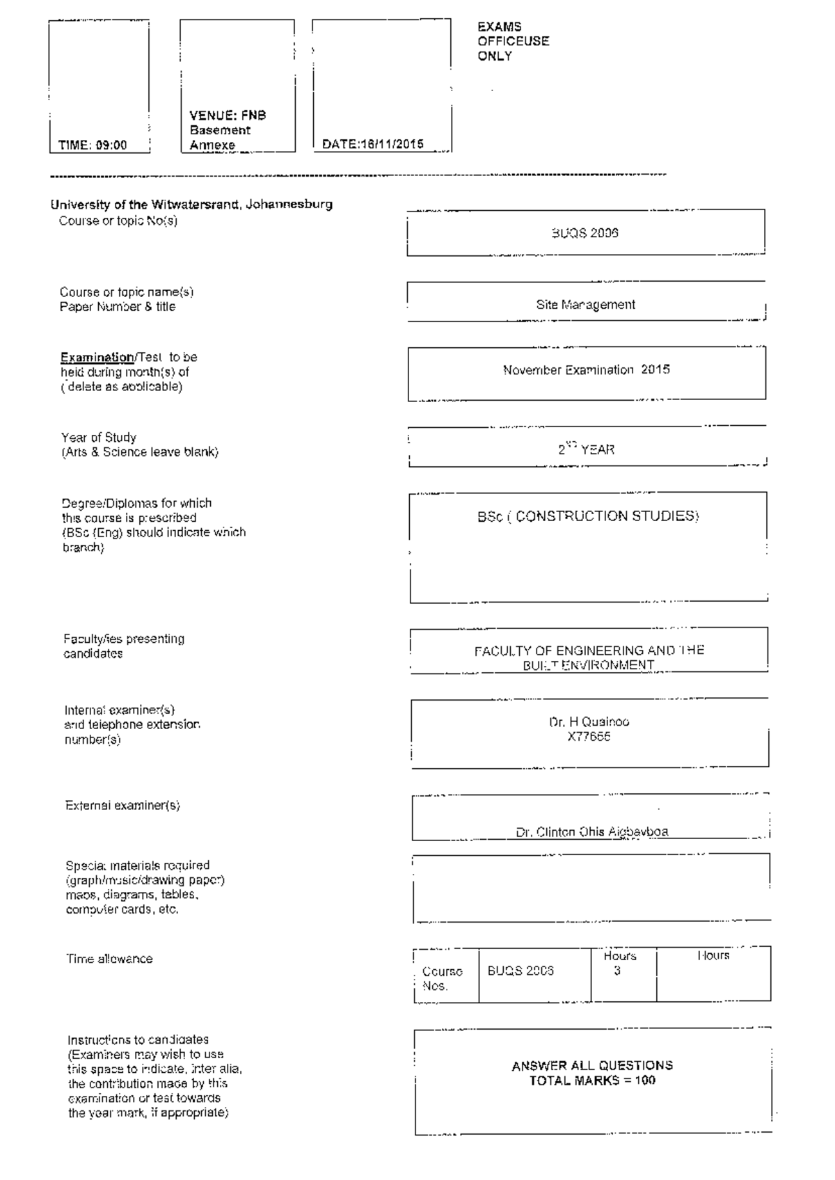 BUQS 2006: Site Management Past Exam Paper - November 2015 - Studocu