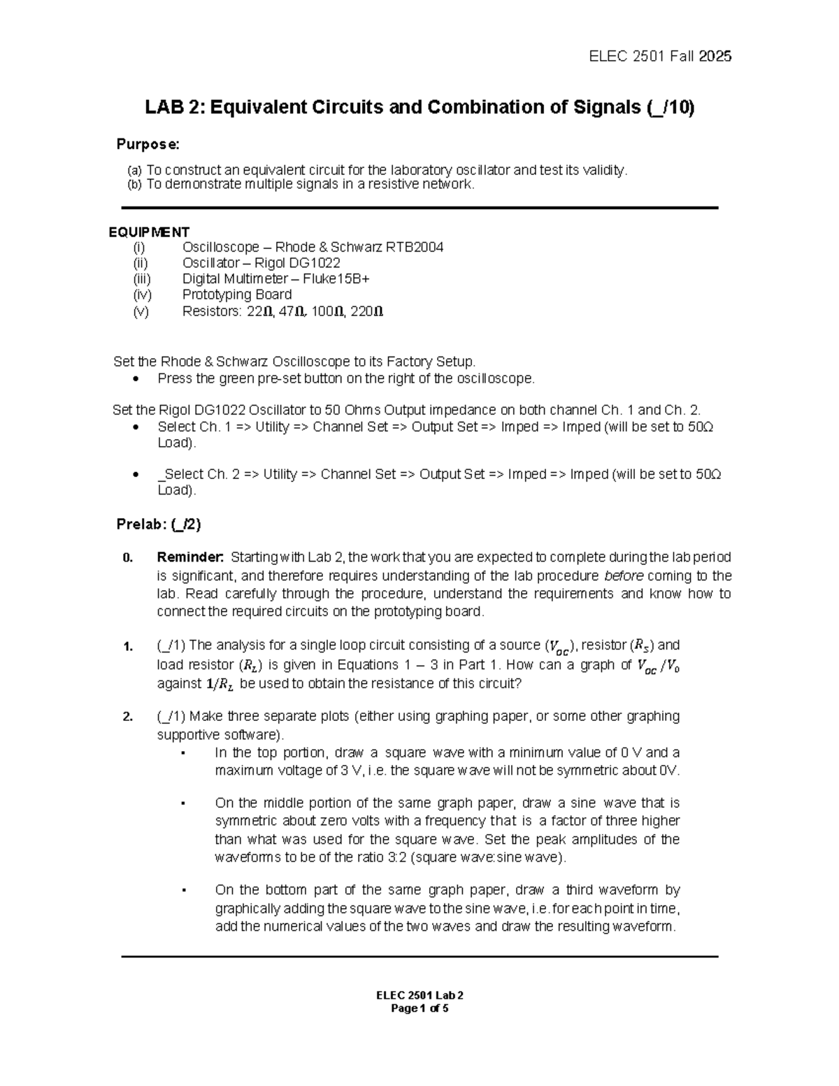 ELEC 2501 Fall 2025 Lab 2: Equivalent Circuits & Signal Combinations ...