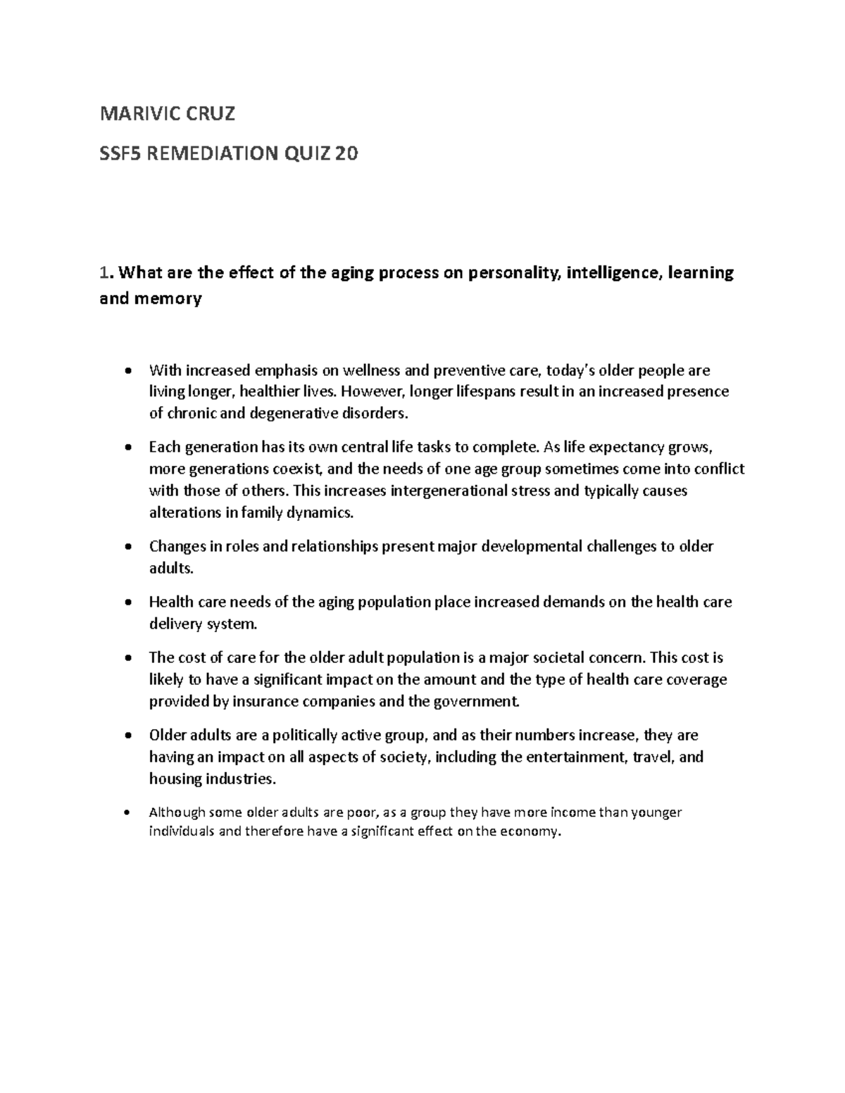Quiz 20: Aging Process & Its Impact on Health Care for Adults - Studocu