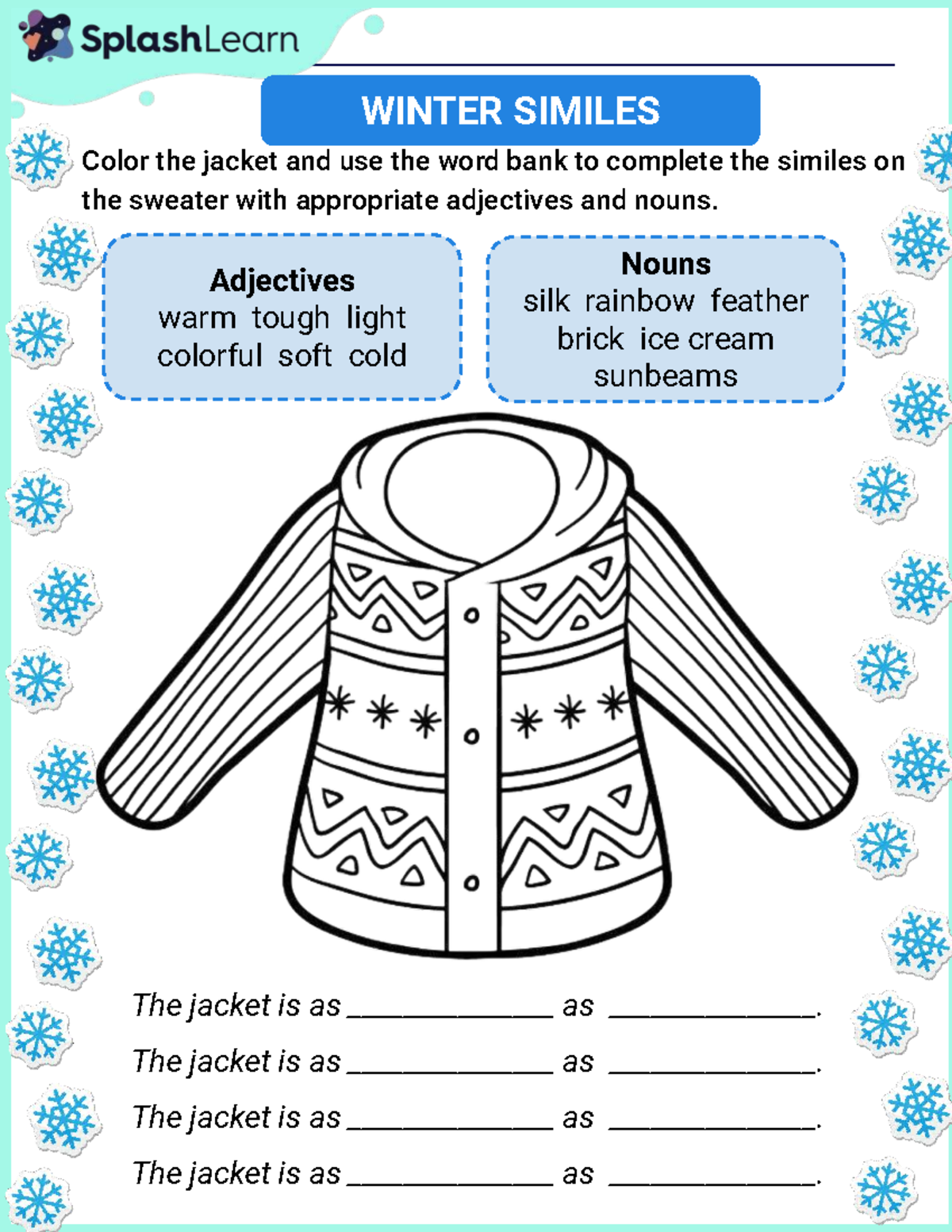 Wintry Similes Worksheet - Color the jacket and use the word bank to ...
