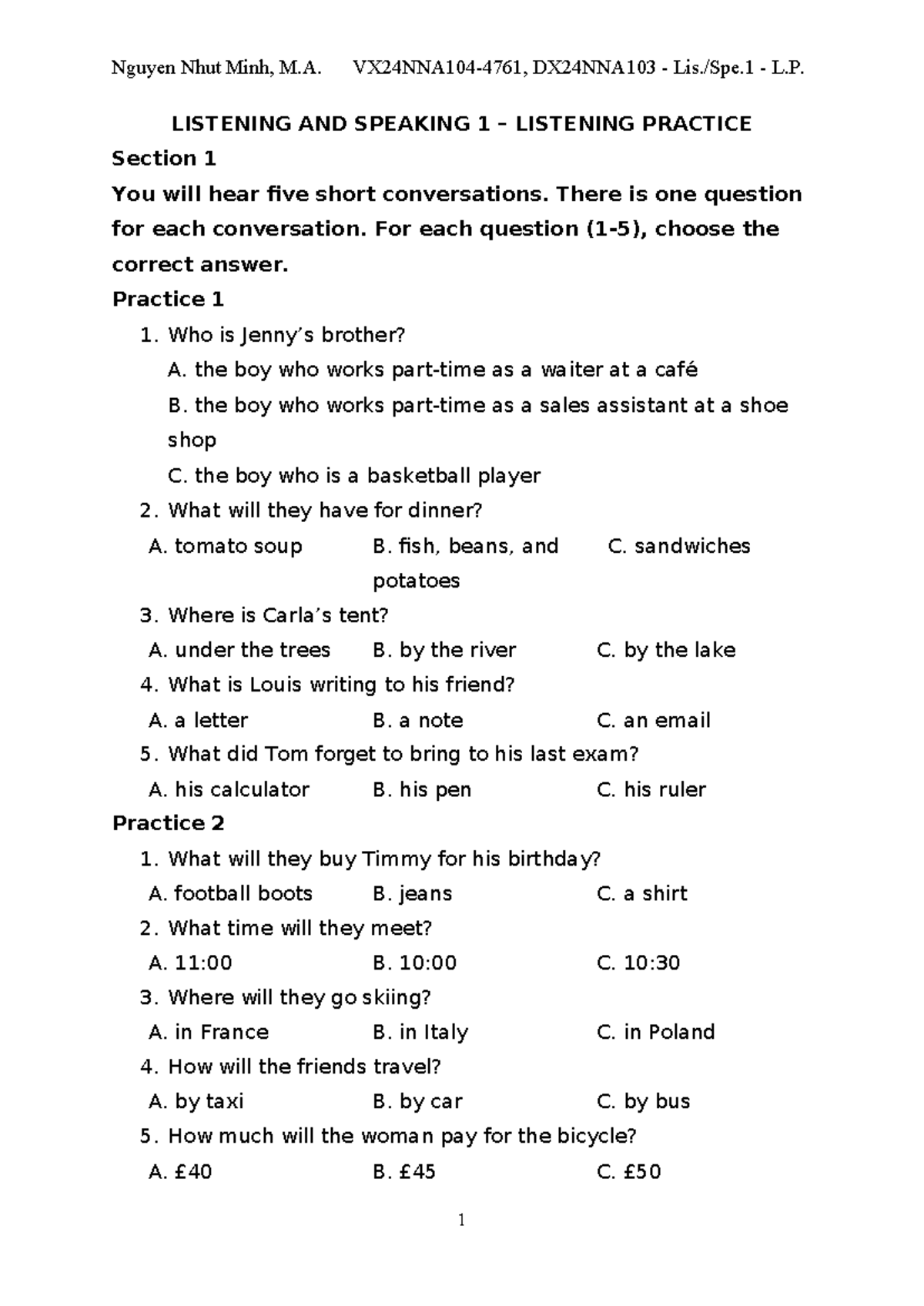 DX24NNA103 Listening & Speaking 1: Listening Practice Exercises - Studocu