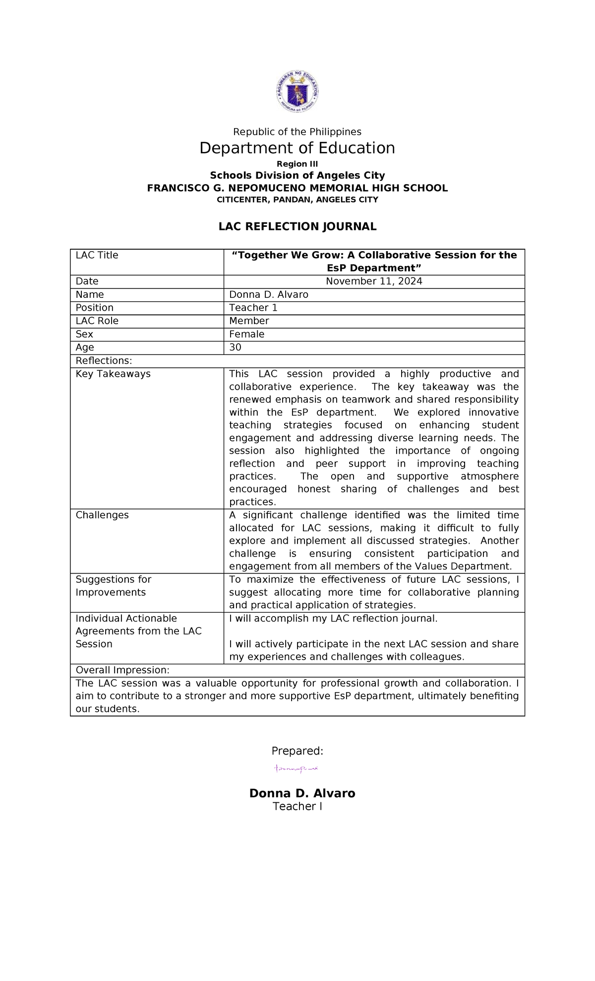 LAC Reflection Journal 2024-2025: Insights & Development Plans - Studocu