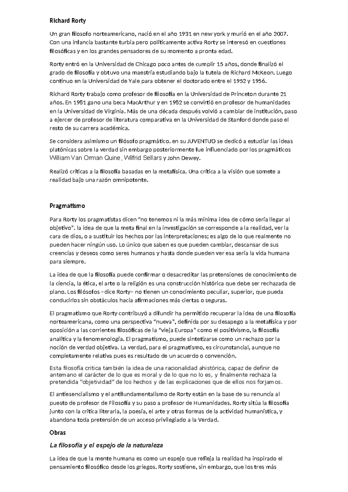 Richard Rorty: Un Filósofo Pragmatista Norteamericano (1931-2007) - Studocu