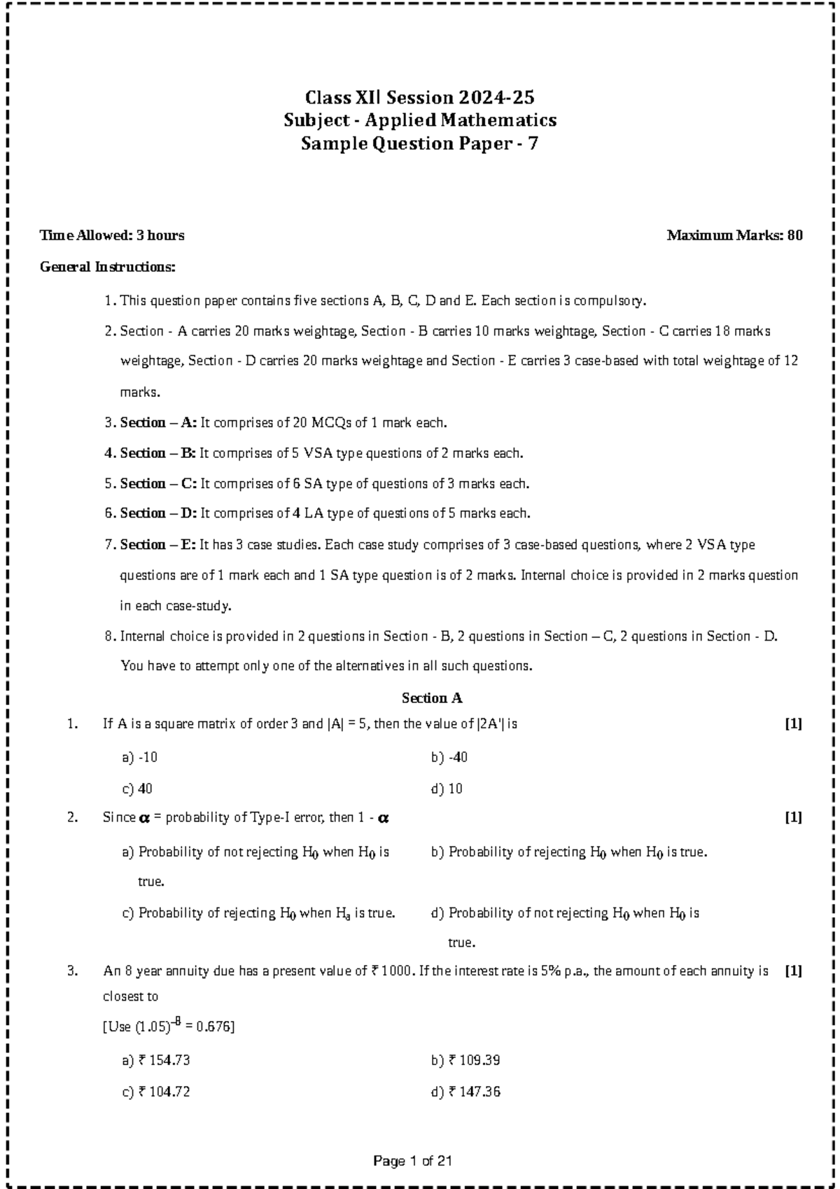 Class XII AM Sample Question Paper 7 - 3 Hours, 80 Marks - Studocu