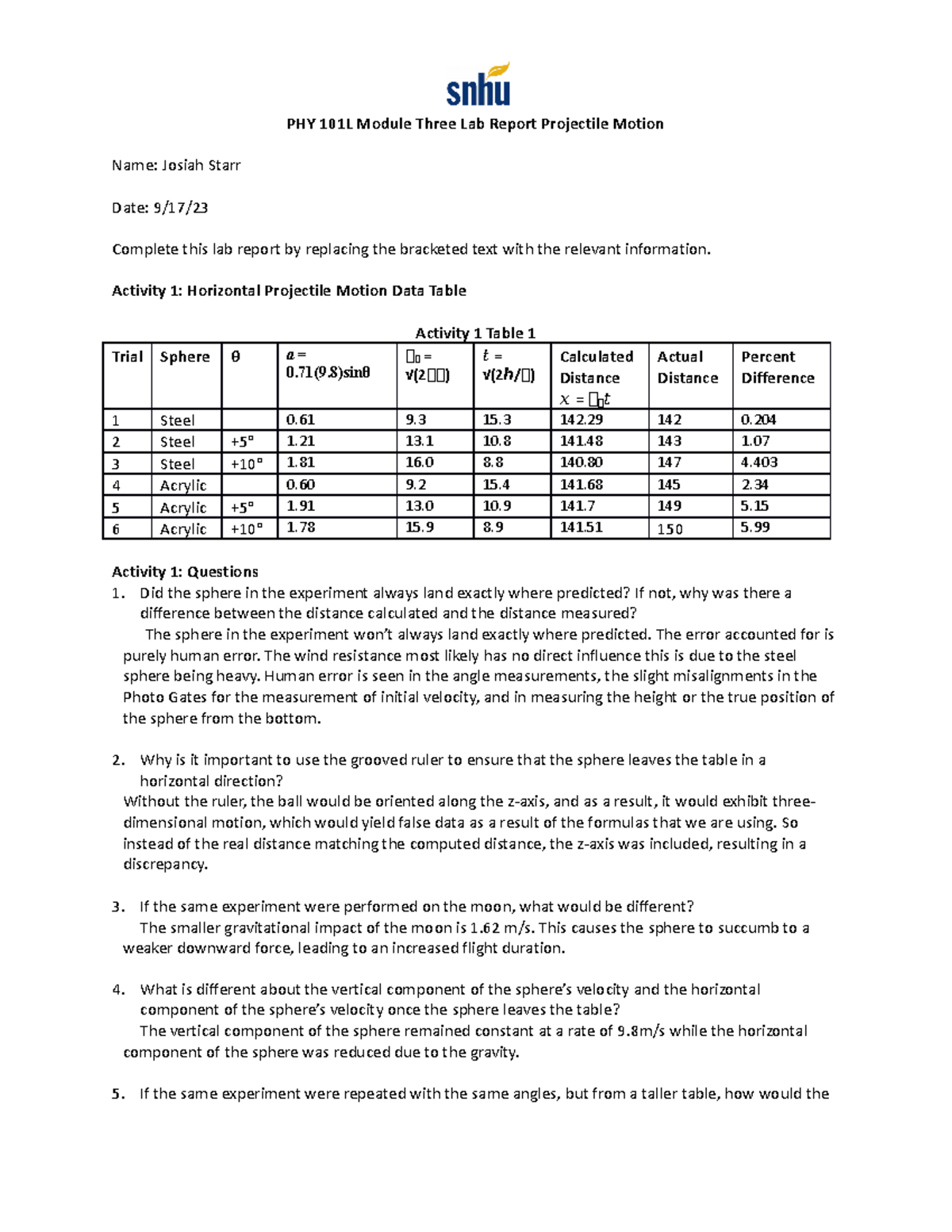 Projectile Motion Lab Report - PHY 101L Module Three - Studocu