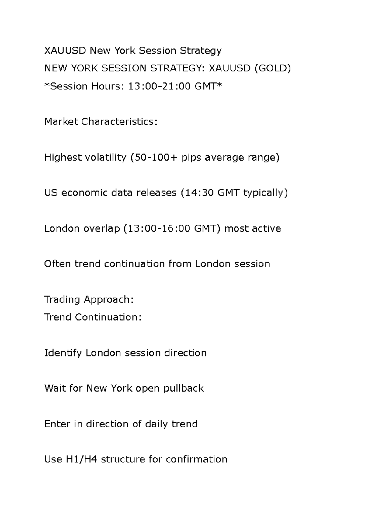 XAUUSD New York Session Trading Plan Strategy - Studocu