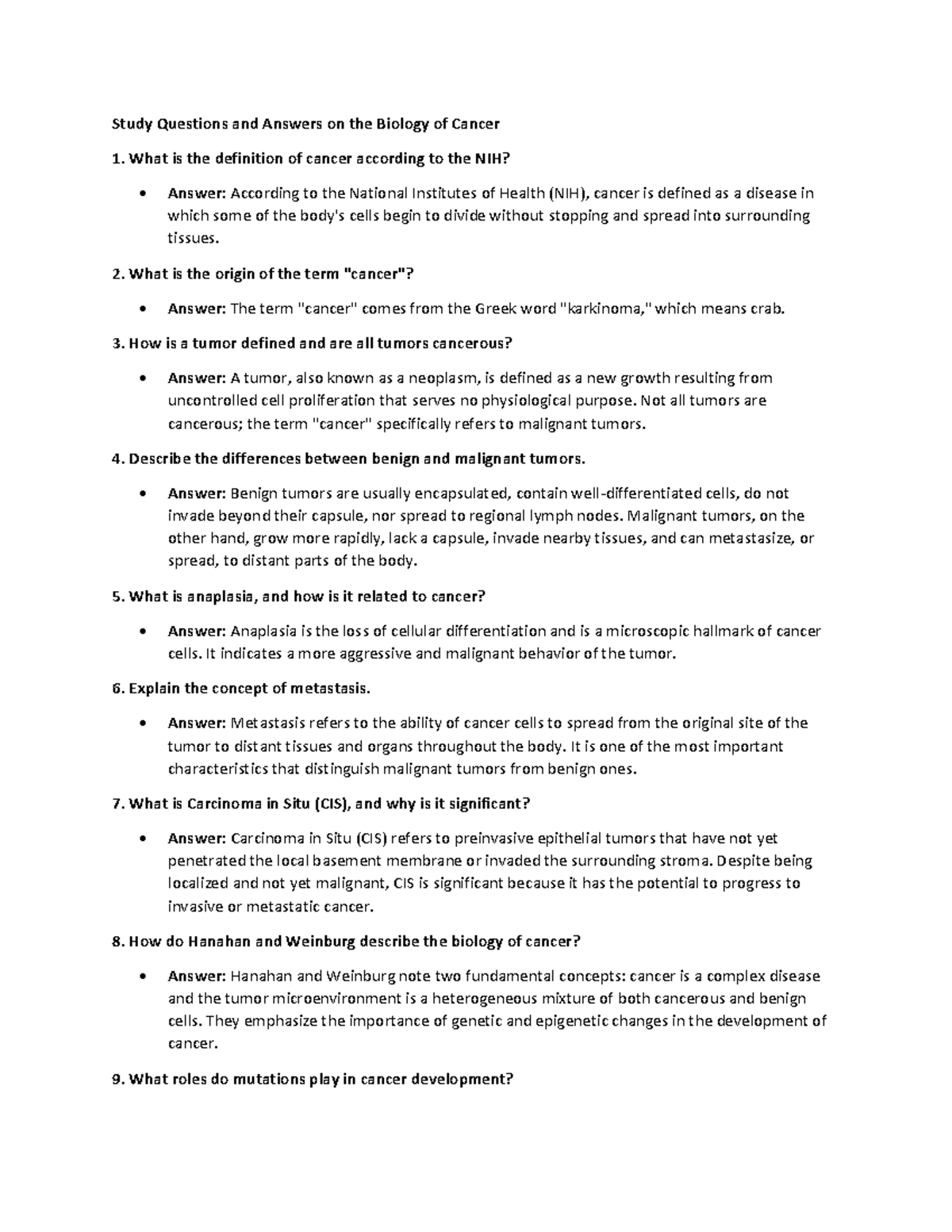 1. PAT cancer notes - Study Questions and Answers on the Biology of ...