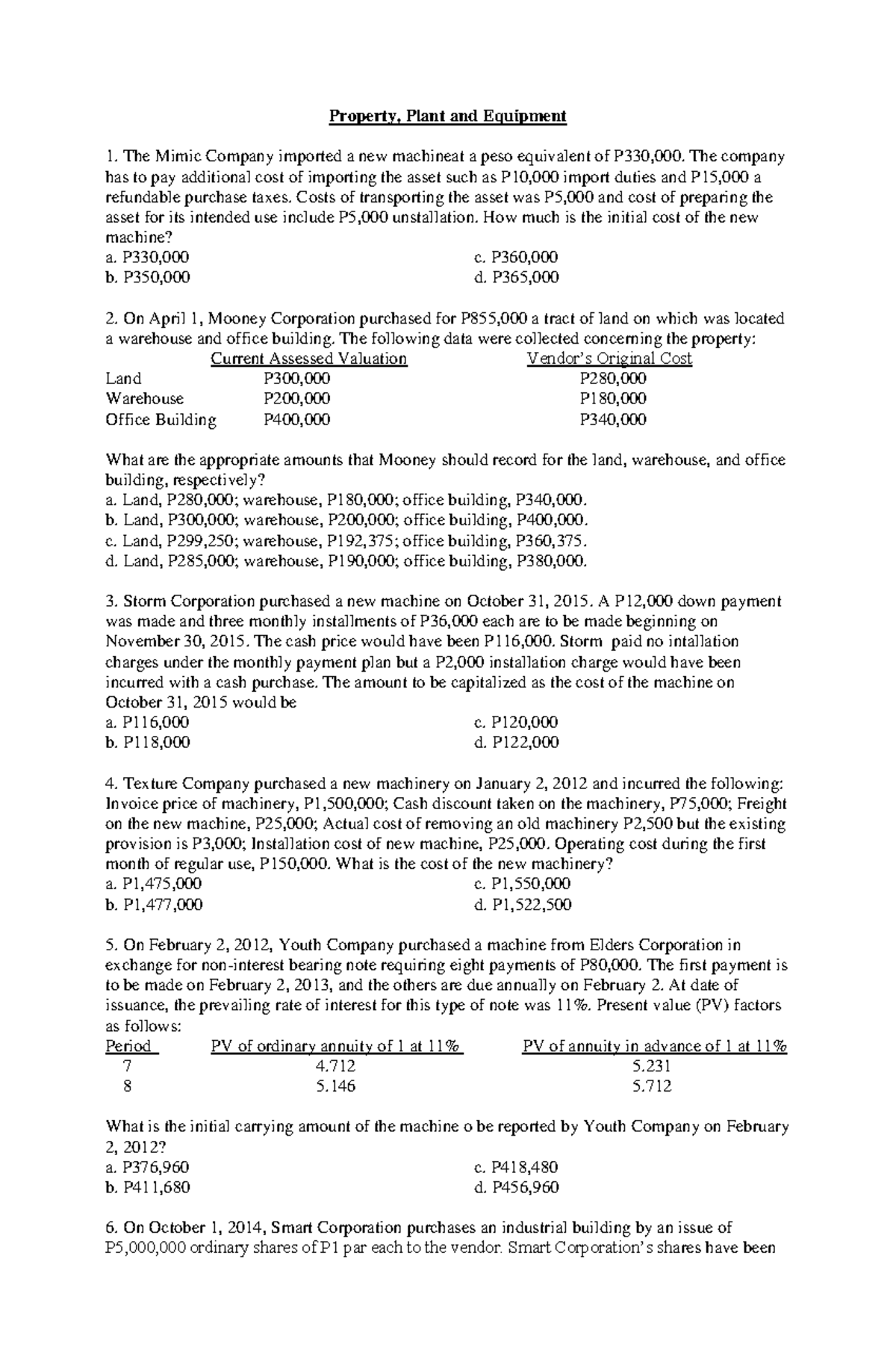 PPE Case Study Problems for Course ACC 101: Practice Scenarios - Studocu