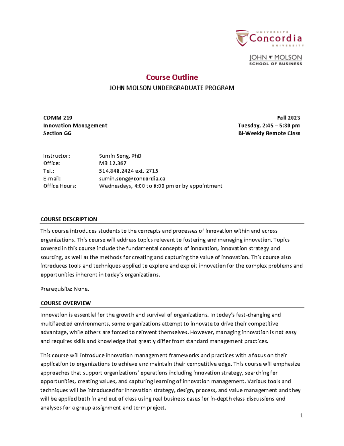 COMM 219 GG F2023 - Course Outline for Innovation Management - Studocu