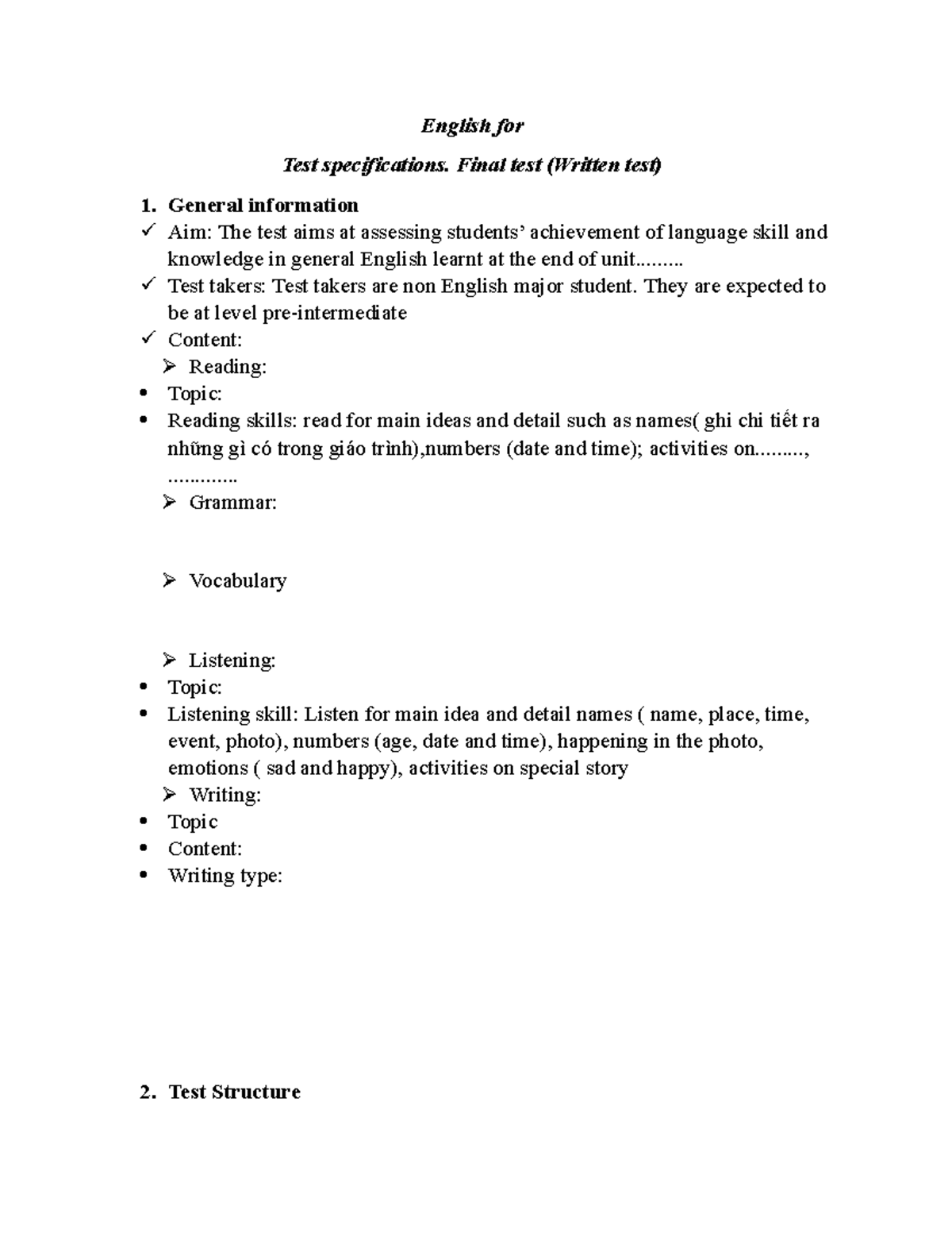 Final Exam Test Specification - KTDGNN for English Language Skills ...