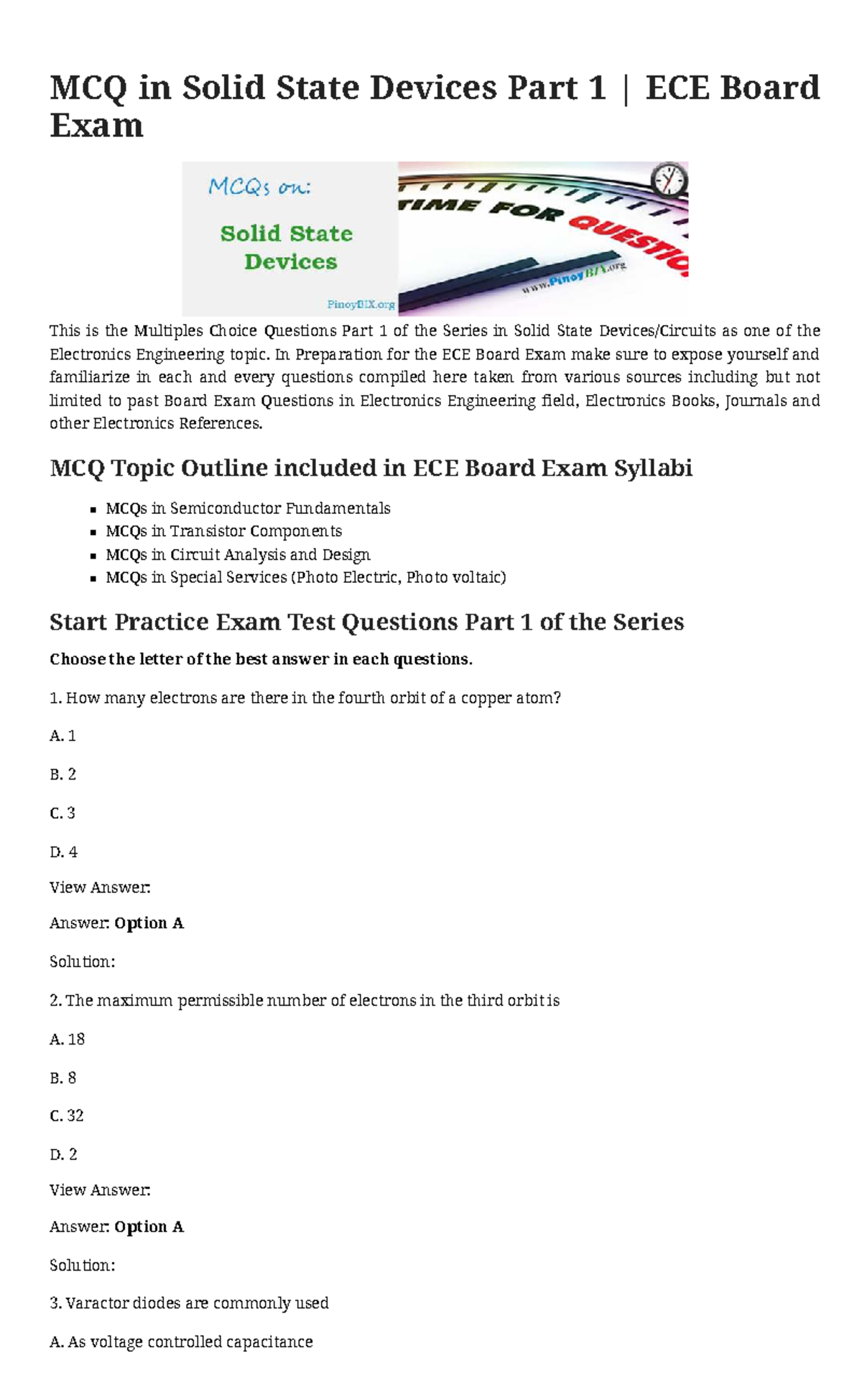 MCQ in Solid State Devices Part 1 ECE Board Exam - Comprehensive Practice - Studocu