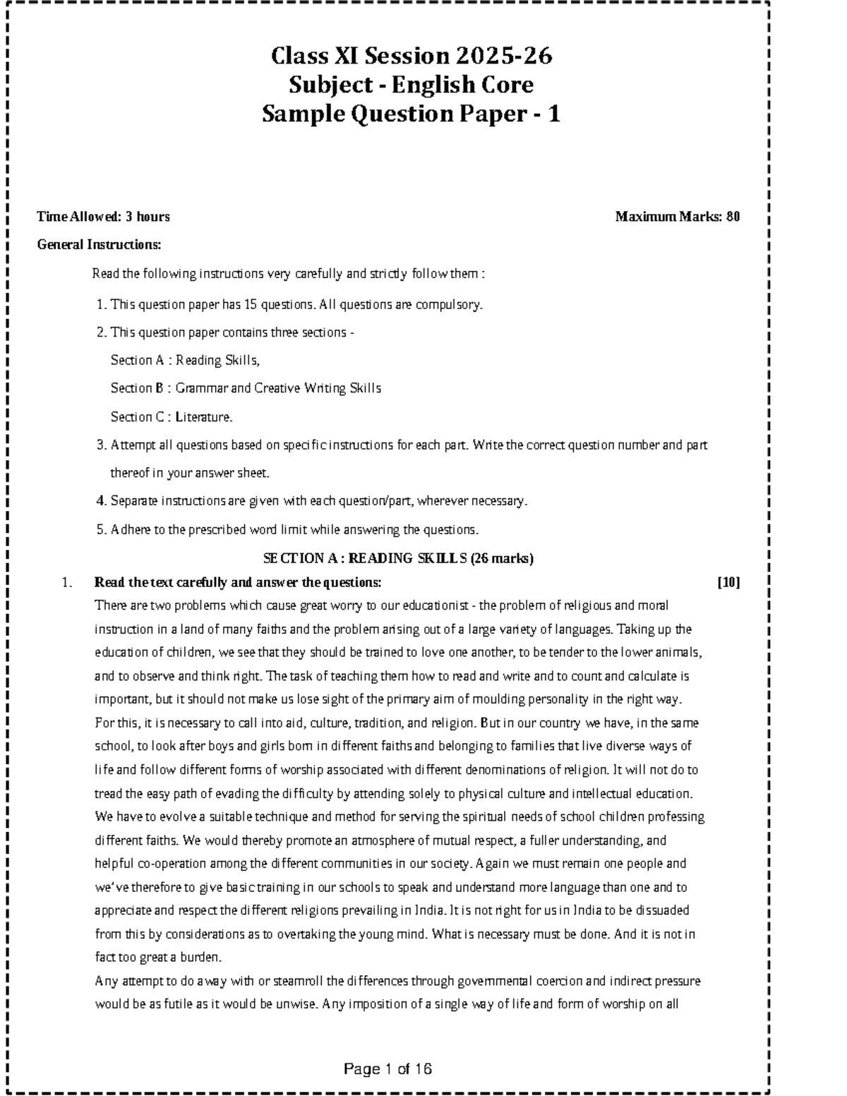 Class XI English Core Sample Question Paper 1: Comprehensive Guide ...