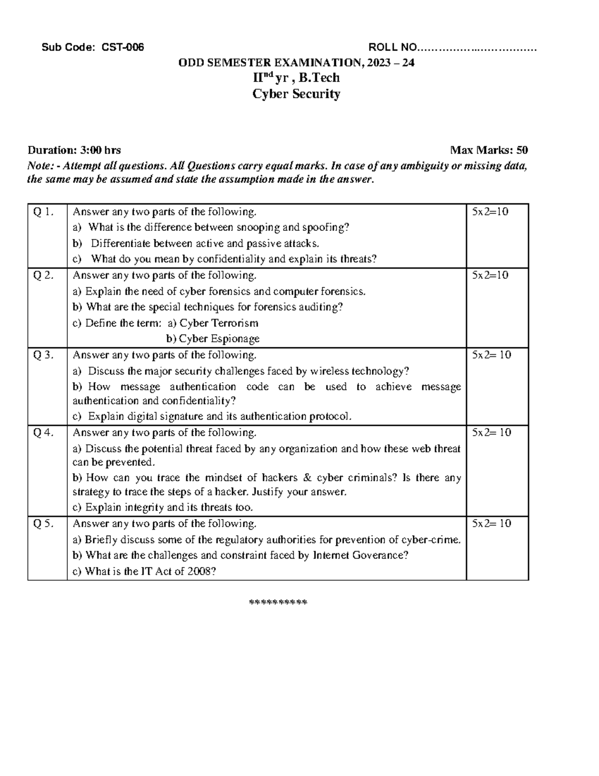B.Tech Cyber Security ODD SEMESTER EXAM QP 2023-24 - Studocu