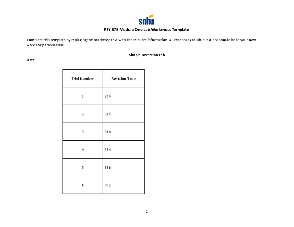 PSY 375 Module One Lab Worksheet: Simple Detection and Signal Lab - Studocu