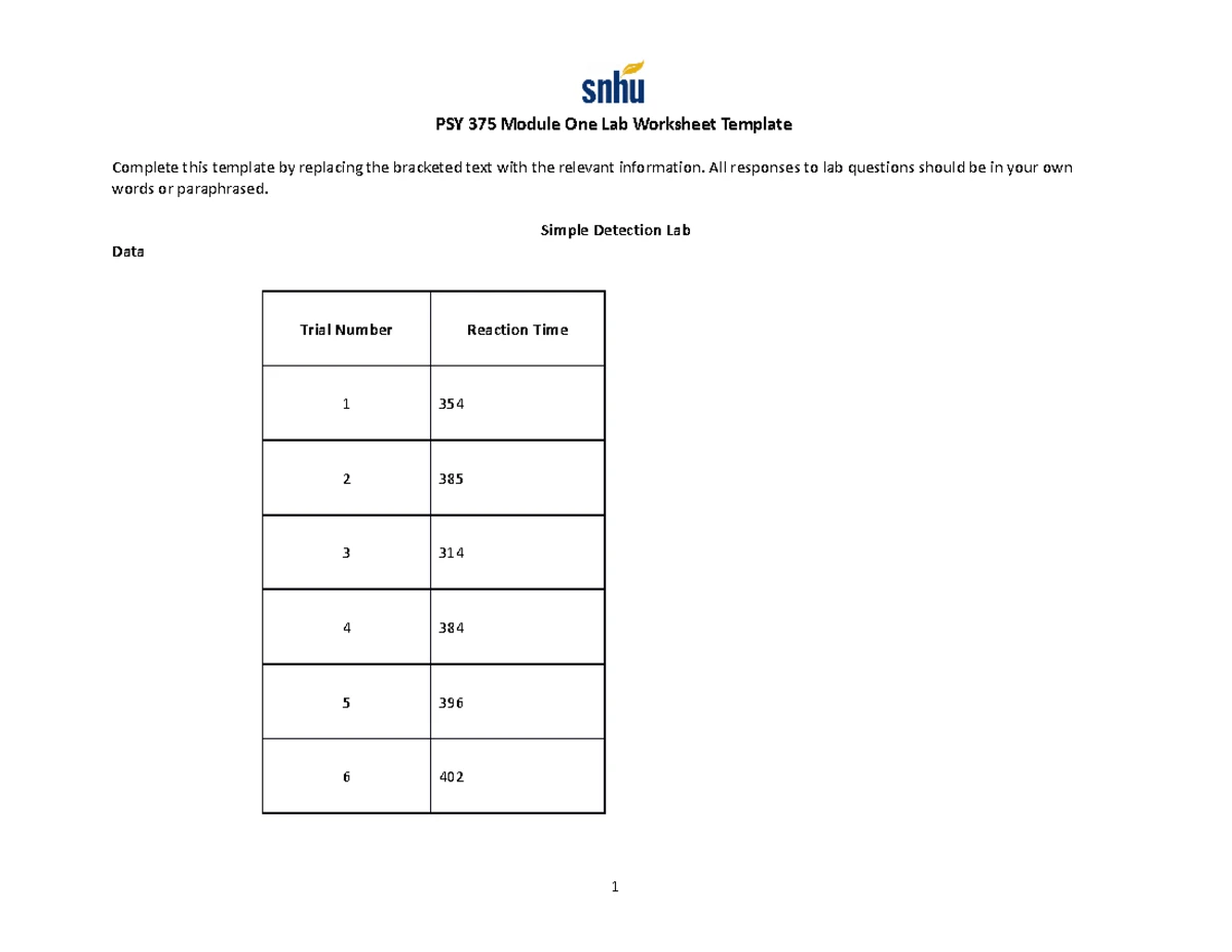PSY 375 Module One Lab Worksheet: Simple Detection & Visual Search ...