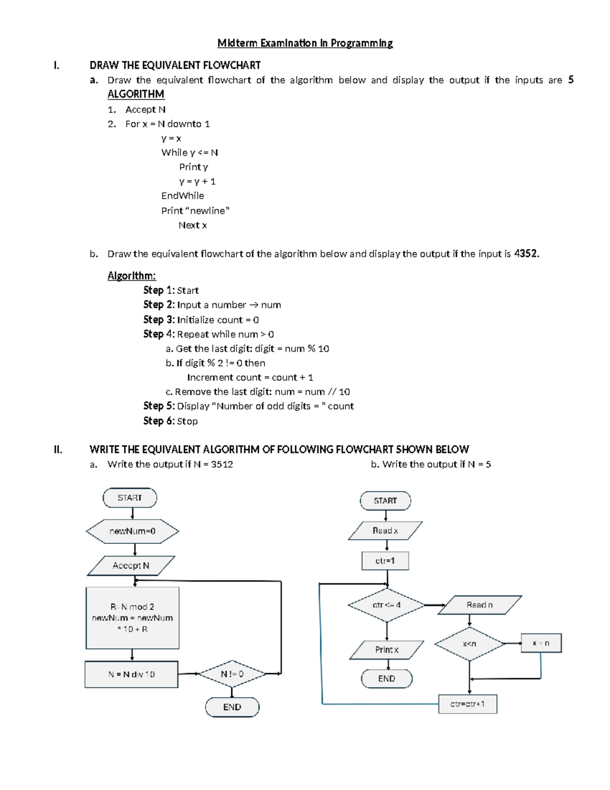 Midterm Exam C: Flowcharts and Algorithms in Programming I - Studocu