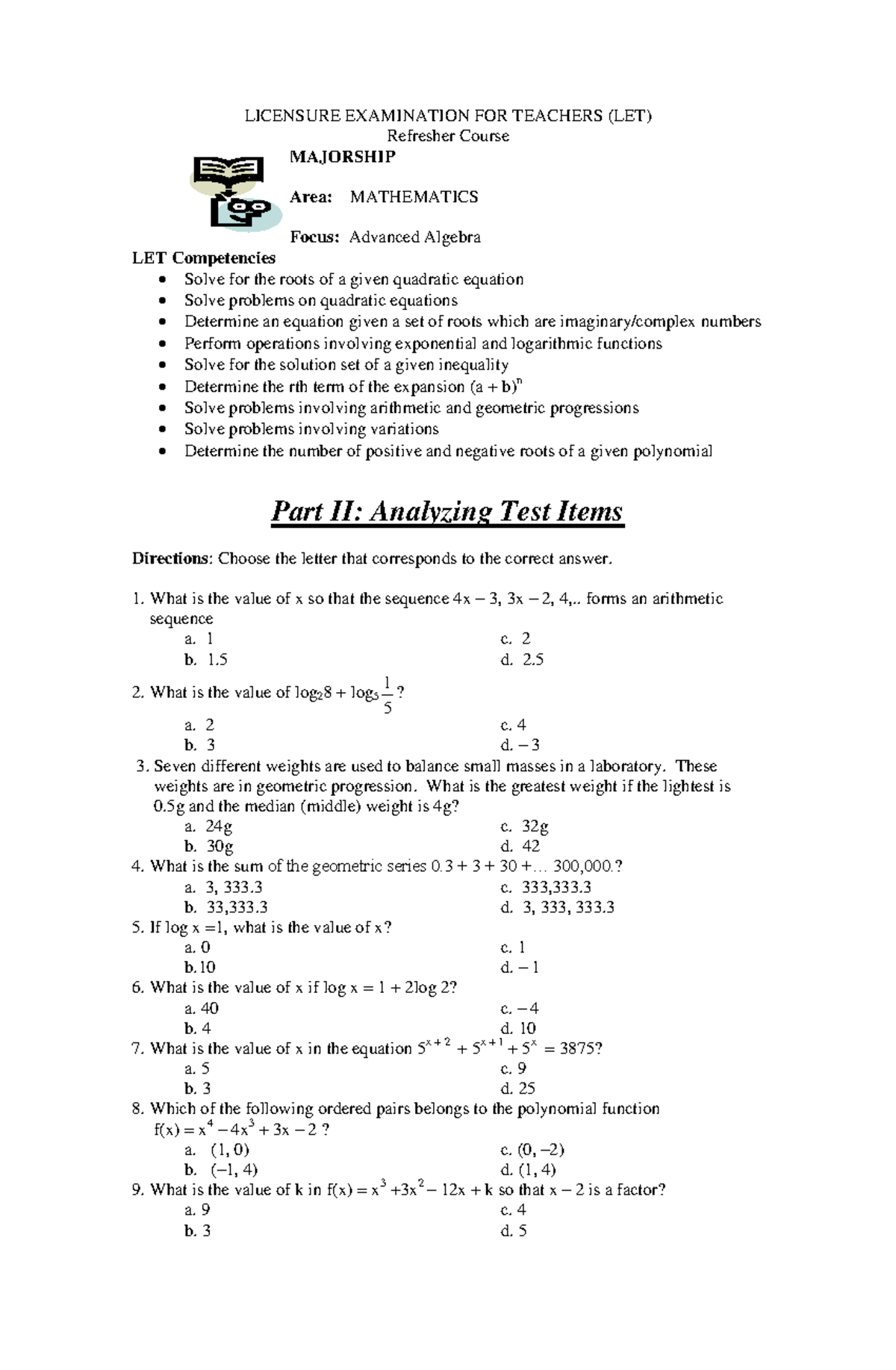 Math-4 Advanced Algebra: LET Refresher Course & Test Items Guide - Studocu