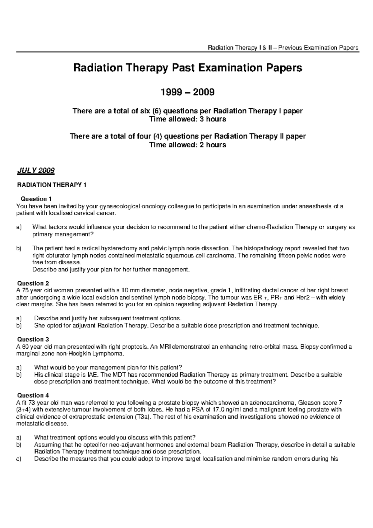Phase 2 Radiation Therapy I & II Past Exam Papers (1999-2009) - Studocu