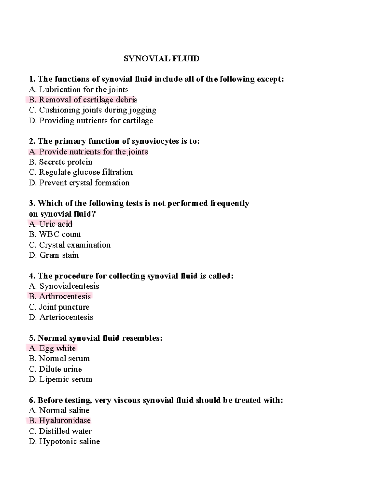 SYN-210: Synovial Fluid Pre- and Post-Test Review Notes - Studocu