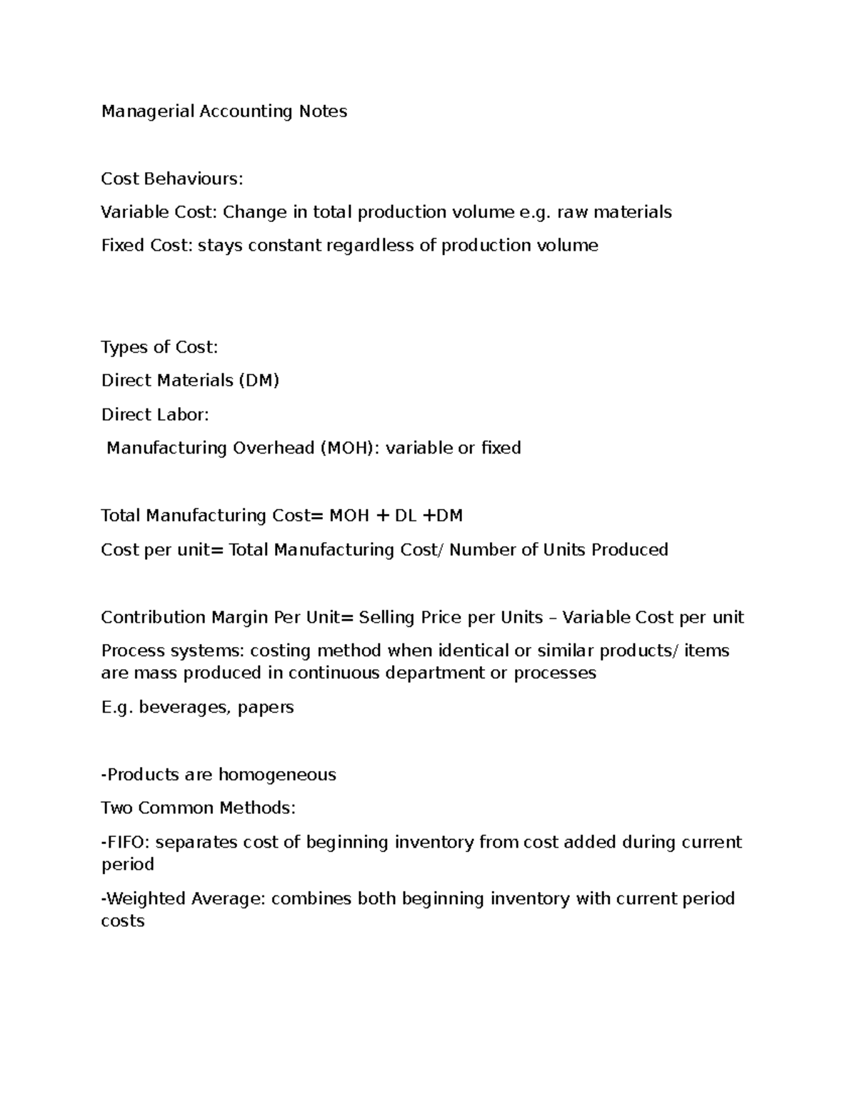 Managerial Accounting Notes: Cost Behaviors & Methods - Studocu