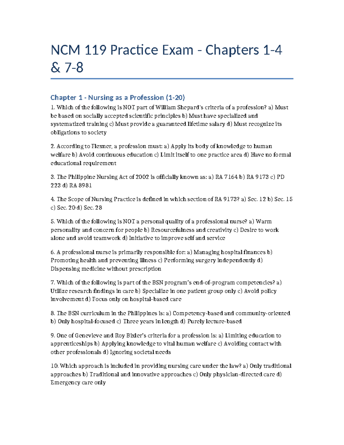NCM 119 Practice Exam: Nursing as a Profession & Licensure - Studocu