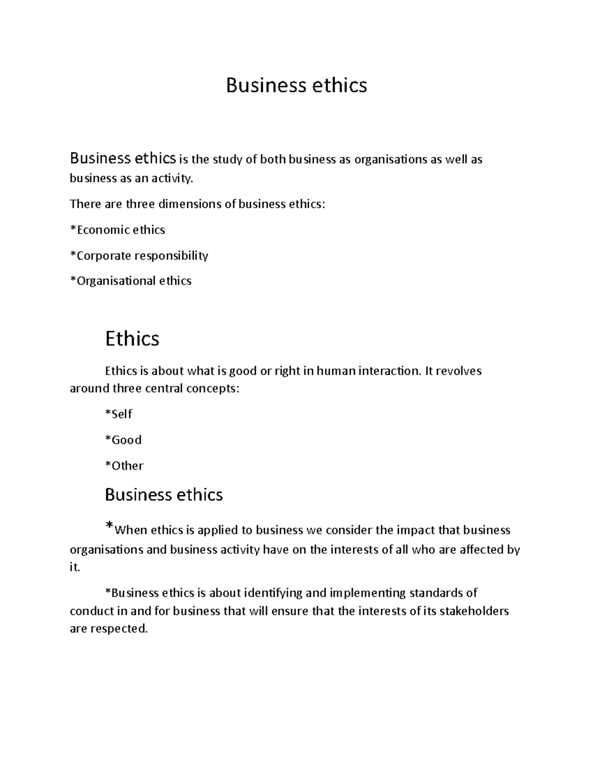 Business ethics 2 - Notes - Business ethics Business ethics is the ...