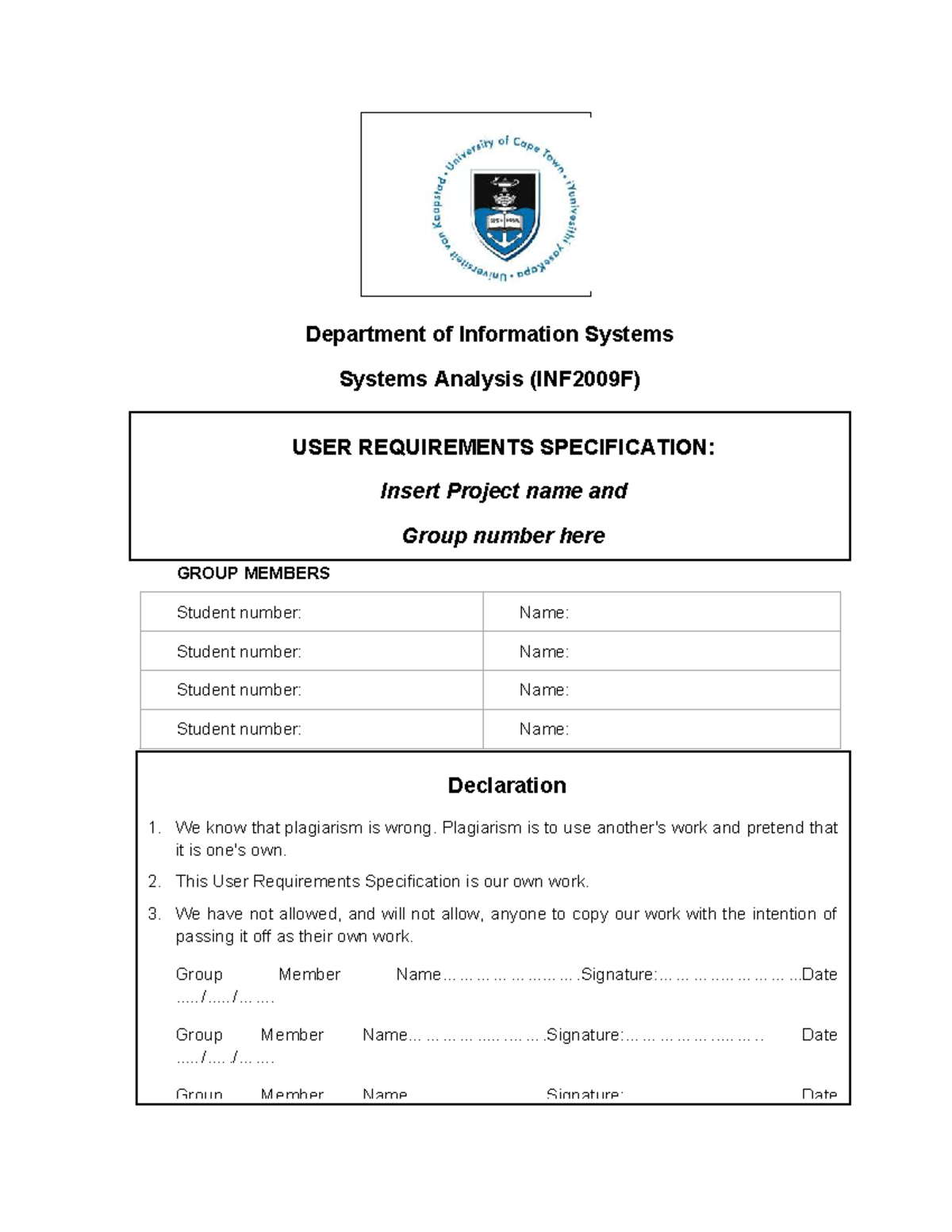INF2009F User Requirements Specification (URS) Template for Group XX ...