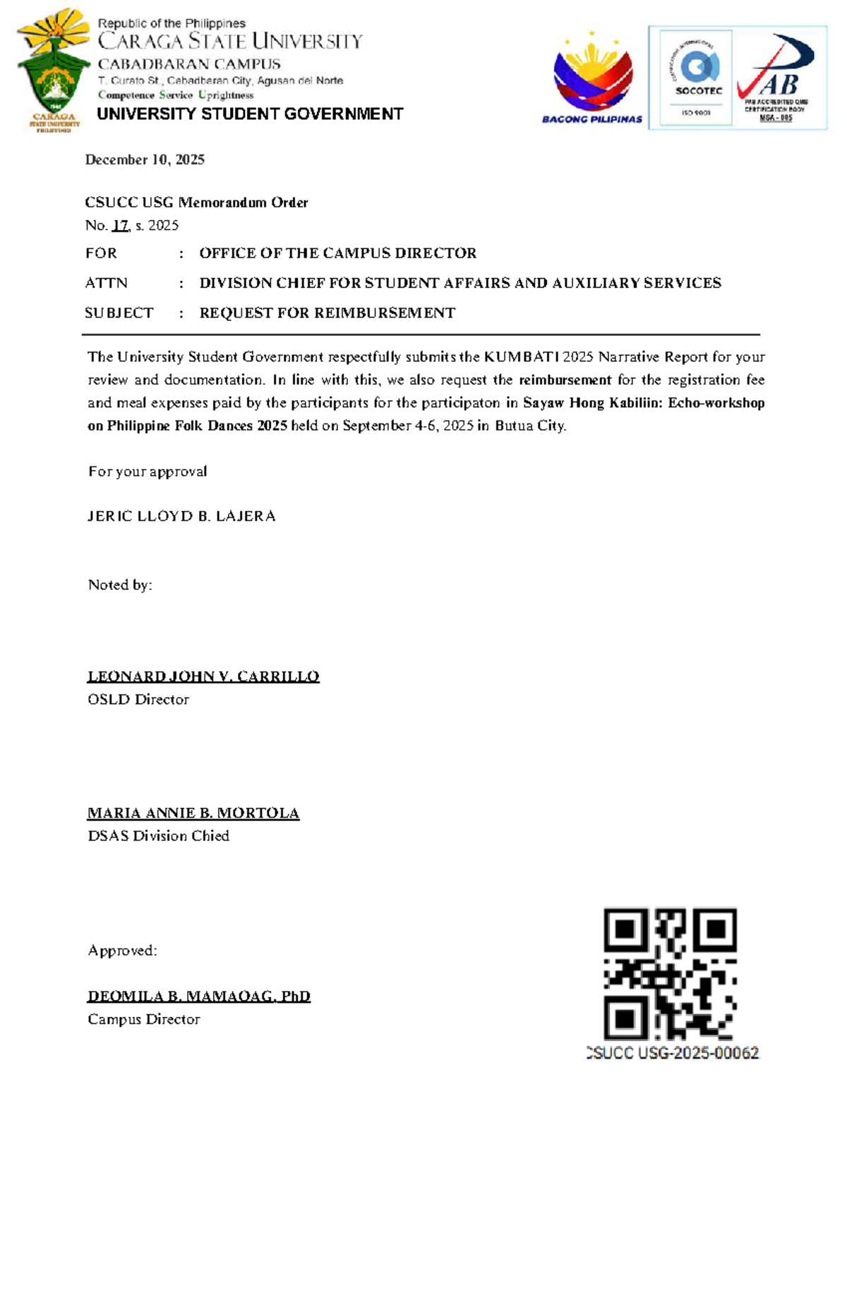 CSUCC USG Request for Approval of Postponement Letter - Studocu