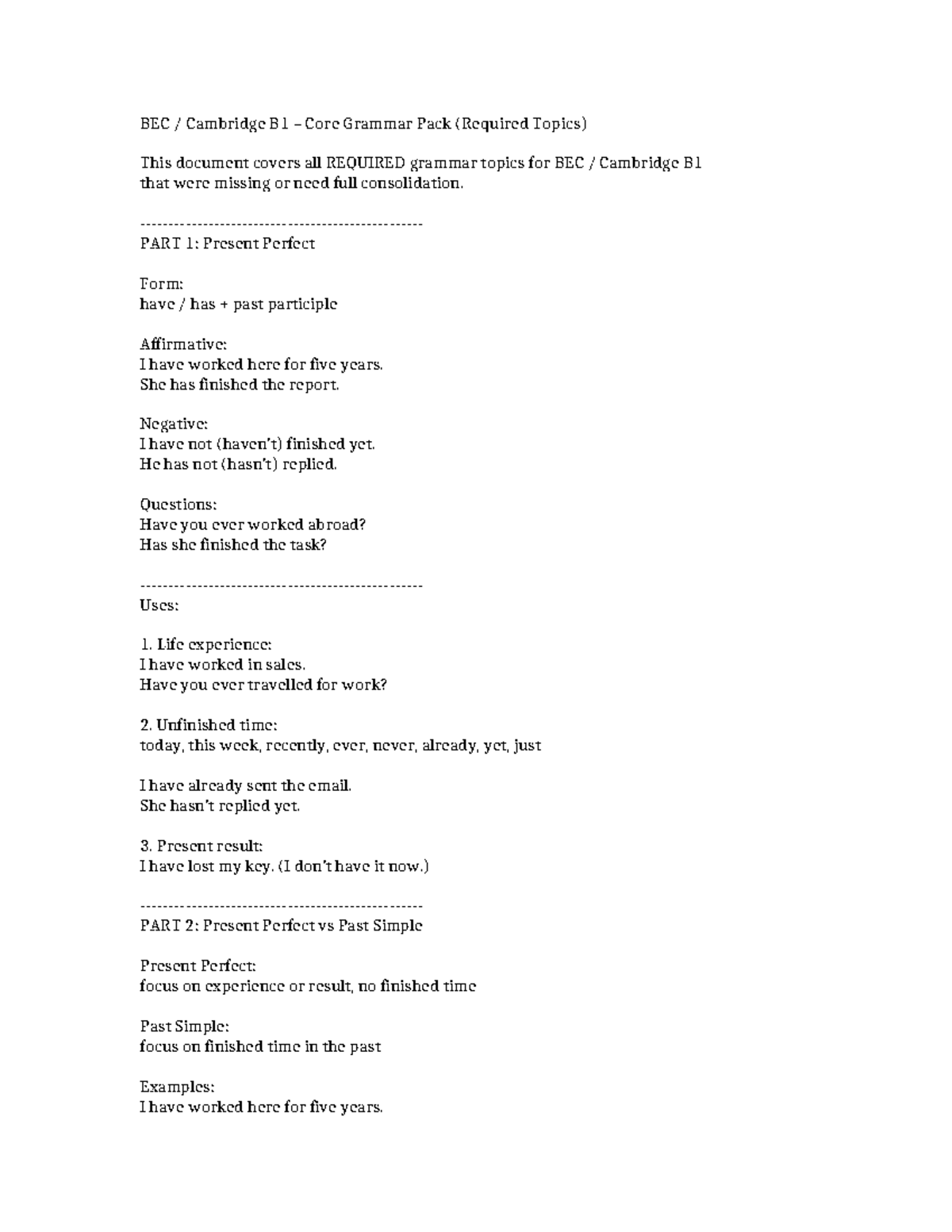 BEC Cambridge B1 Core Grammar Review Pack (Required Topics) - Studocu