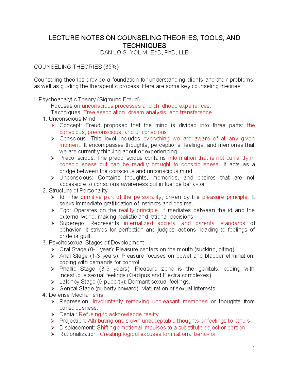 Lecture Notes on Counseling Theories and Techniques (Counseling 101 ...