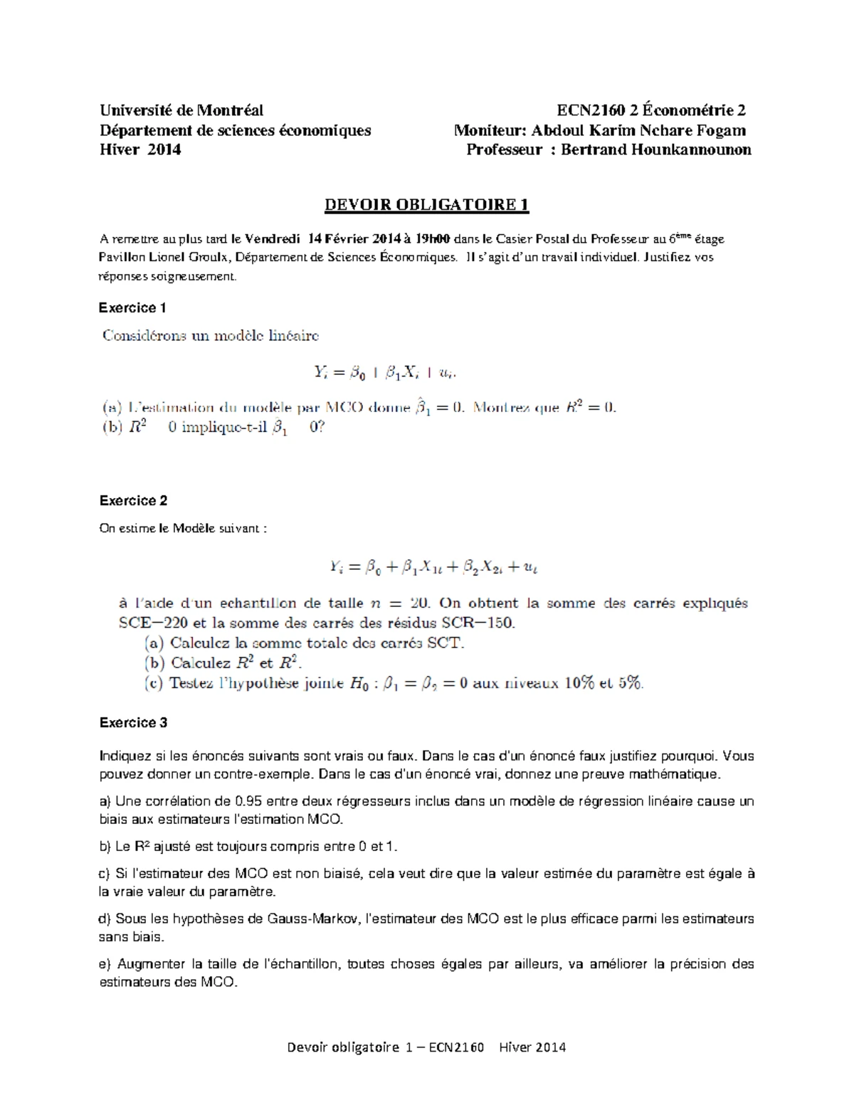 Chapitre 2 - Exercices Corrigés Devoir 1: Modèle de Régression Linéaire ...