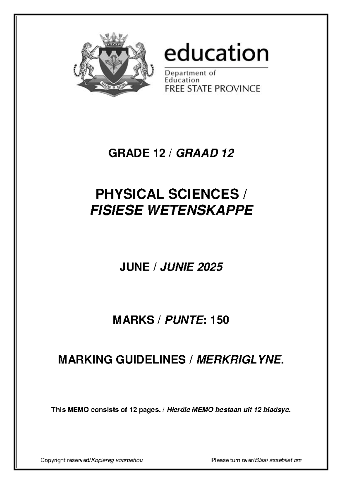 G12 / Graad 12 Physical Sciences P2 June 2025 Marking Guidelines - Studocu