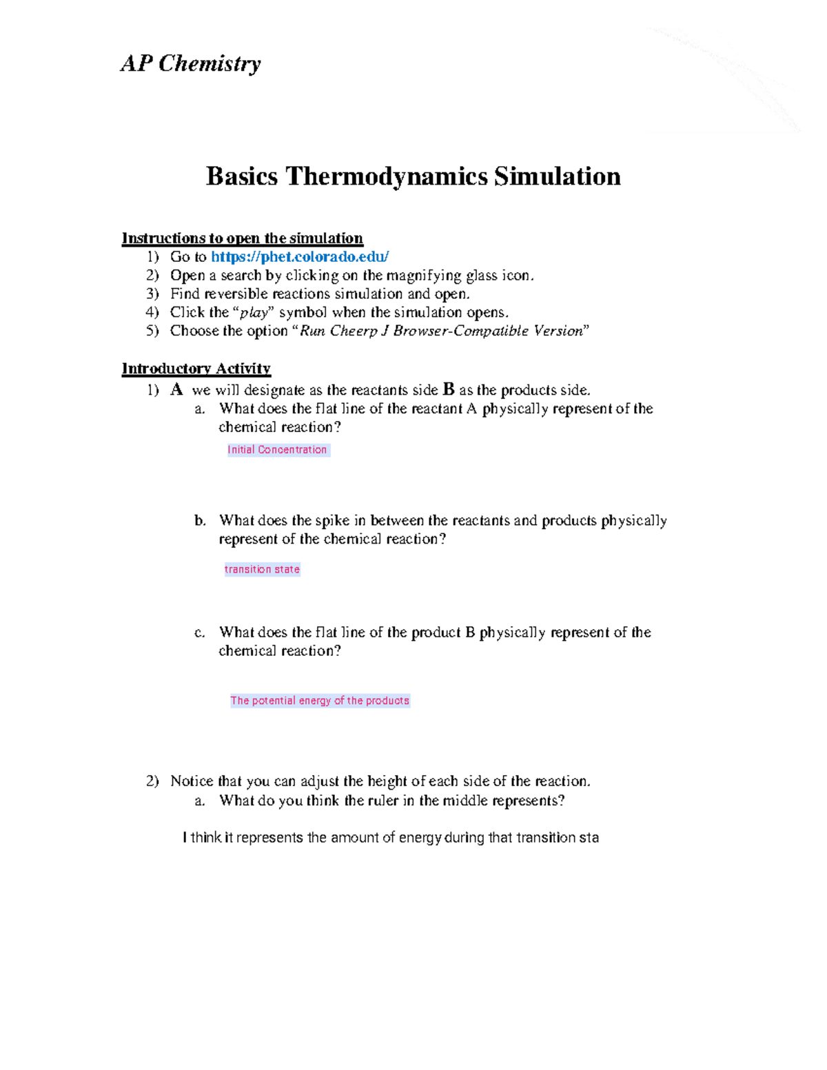 AP Chemistry: Basics of Thermodynamics Simulation Inquiry Lab - Studocu