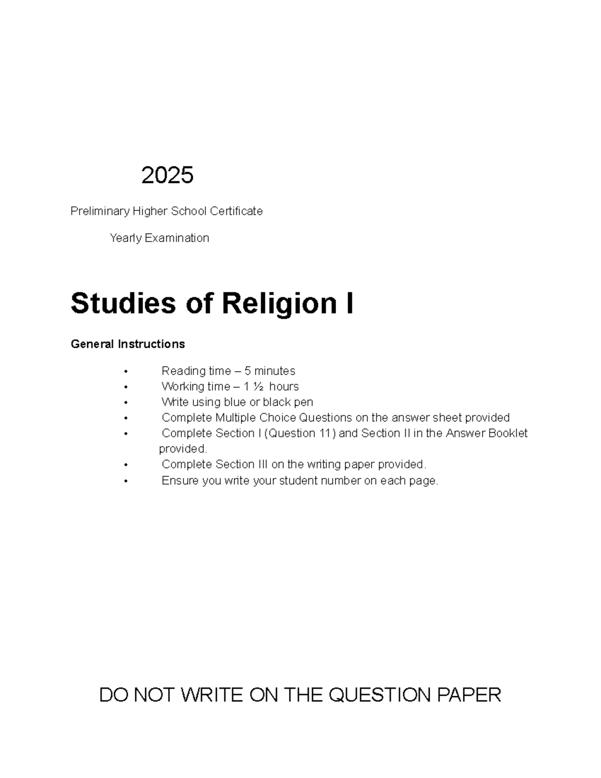 2025 HSC Studies of Religion I Exam Instructions & Questions - Studocu
