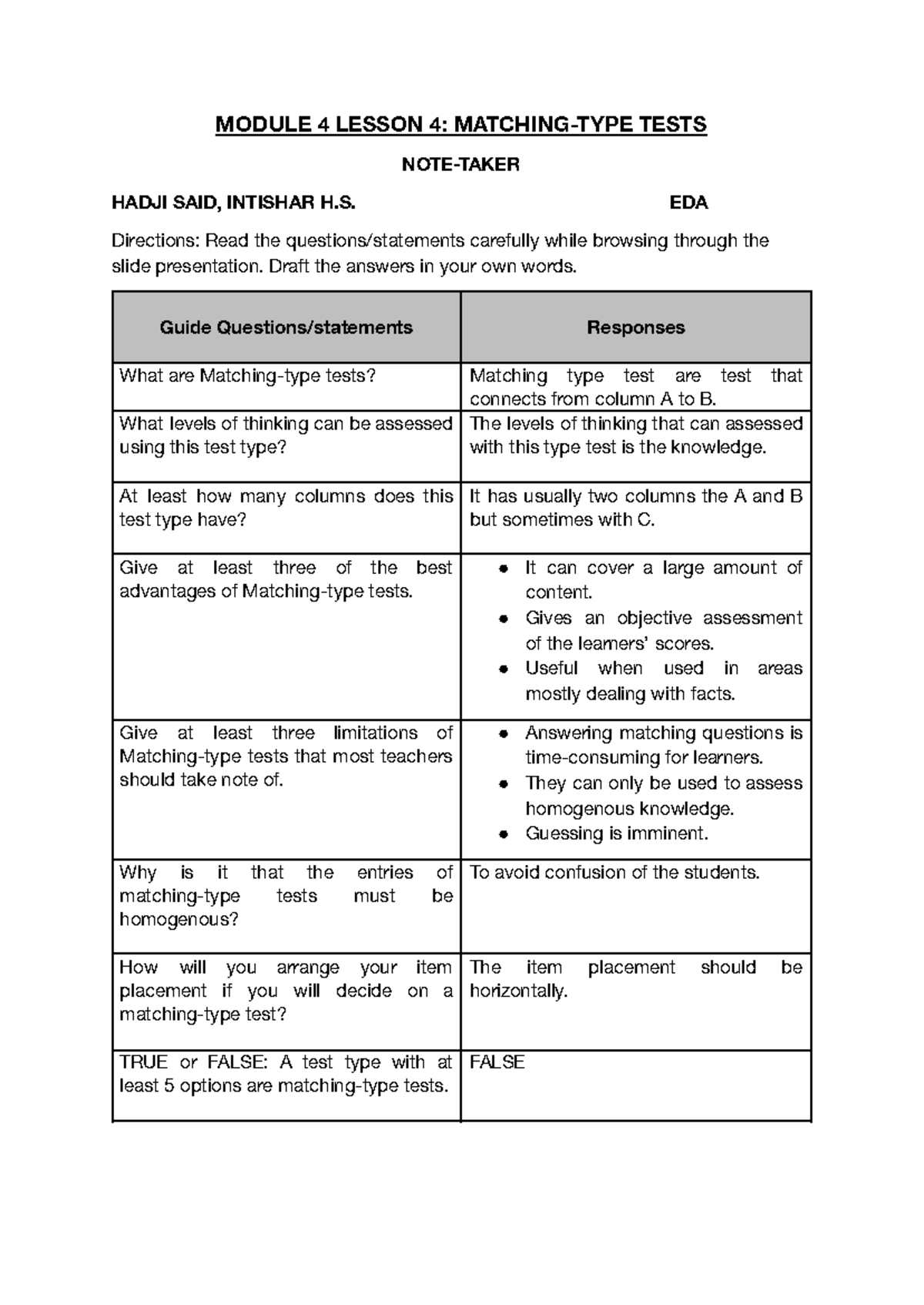 Module 4 L4- NOTE Taker - MODULE 4 LESSON 4: MATCHING-TYPE TESTS NOTE ...